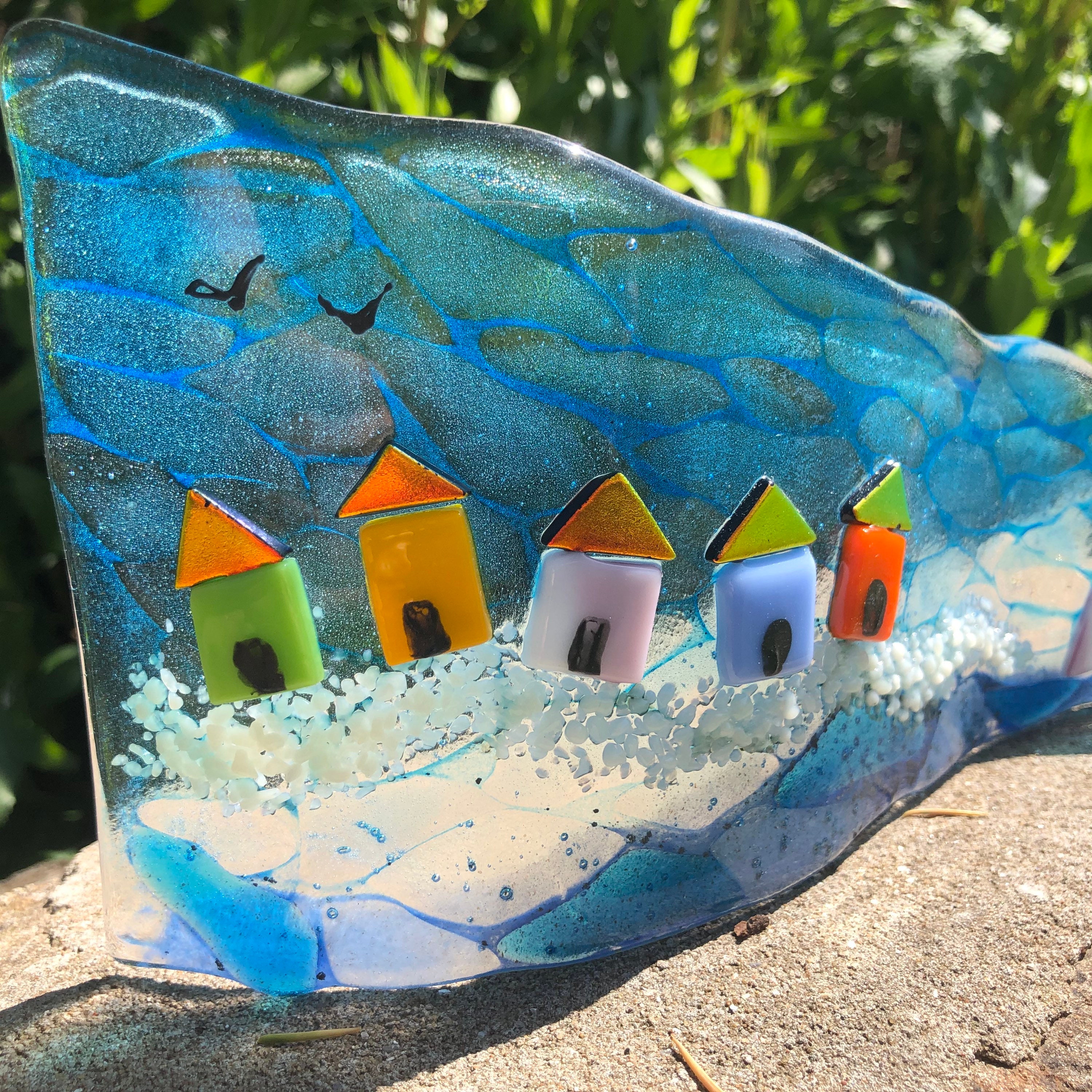 Fused Glass Beach Hut Curve Panel - gifts, birthday, handmade ...