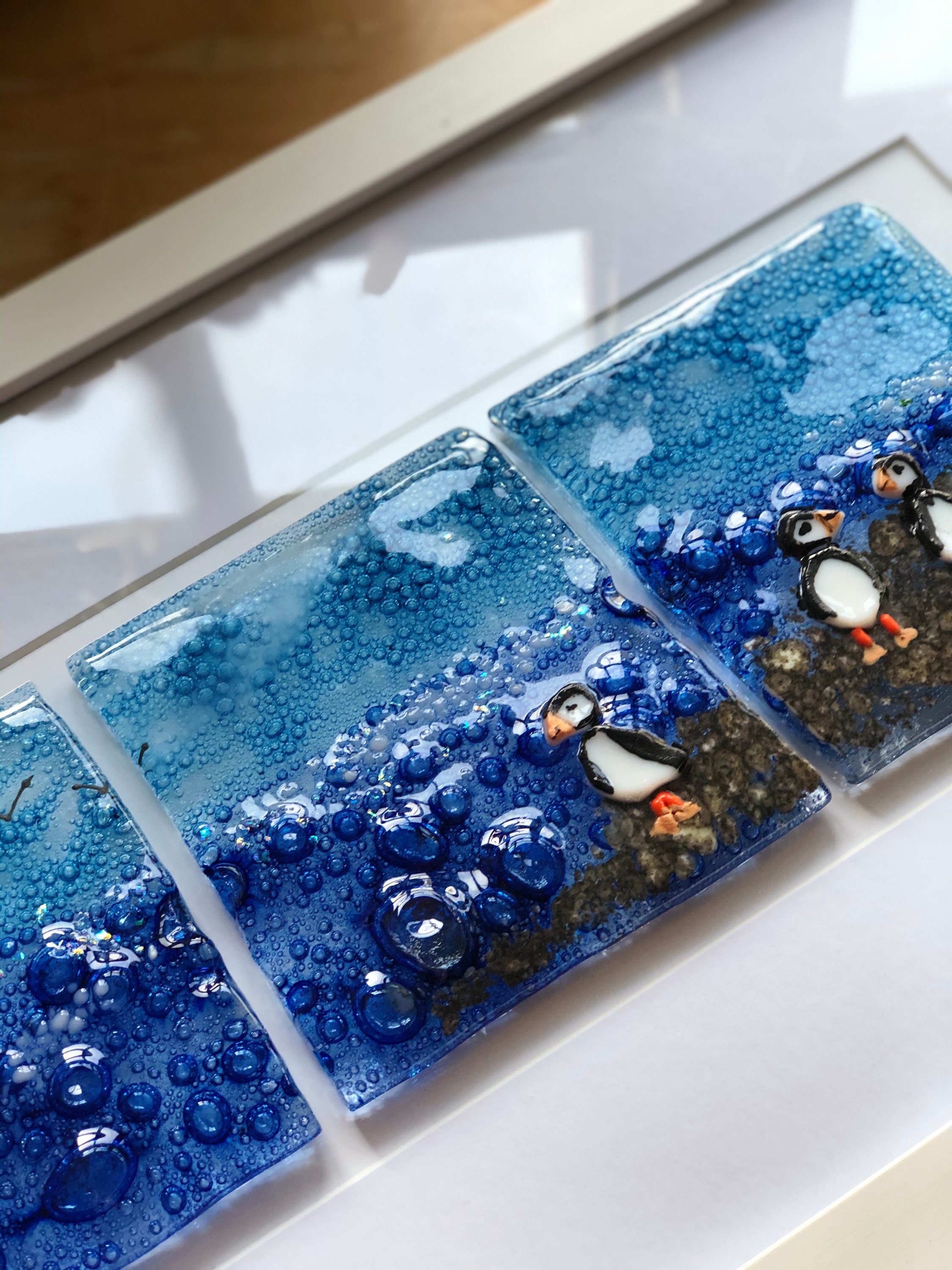 Puffin Glass Picture - Triptych Fused Glass, puffin gifts, blue glass ...