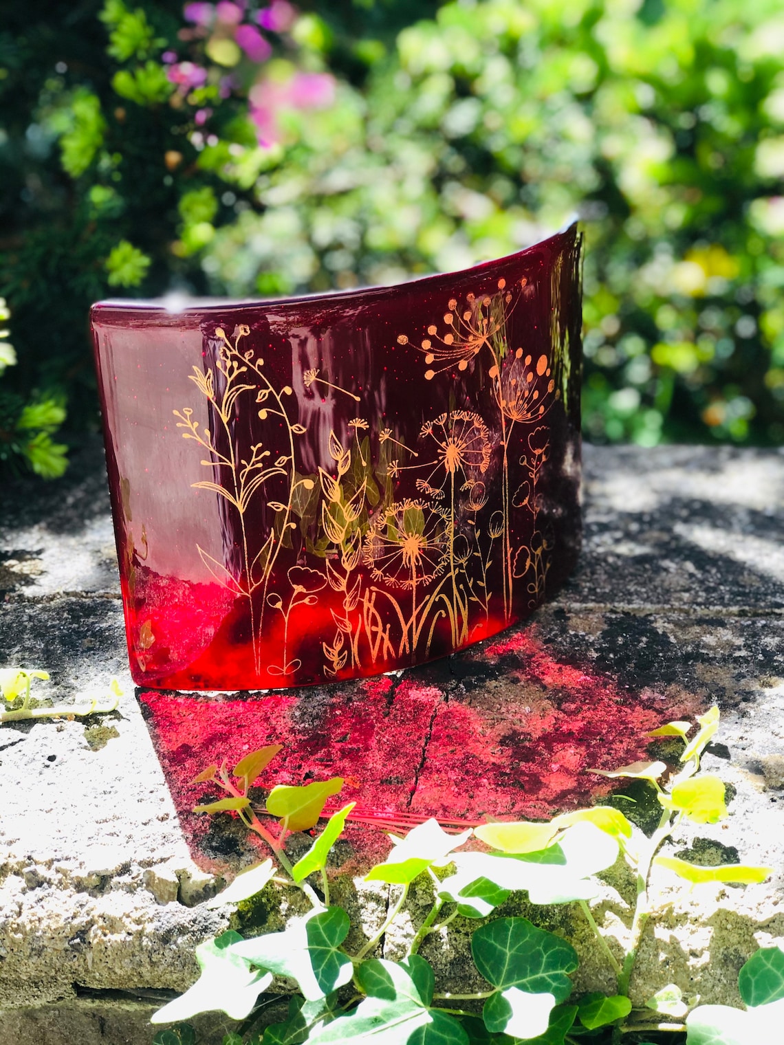 Transparent Ruby Red Free Standing Glass Curve With Gold Seed | Etsy