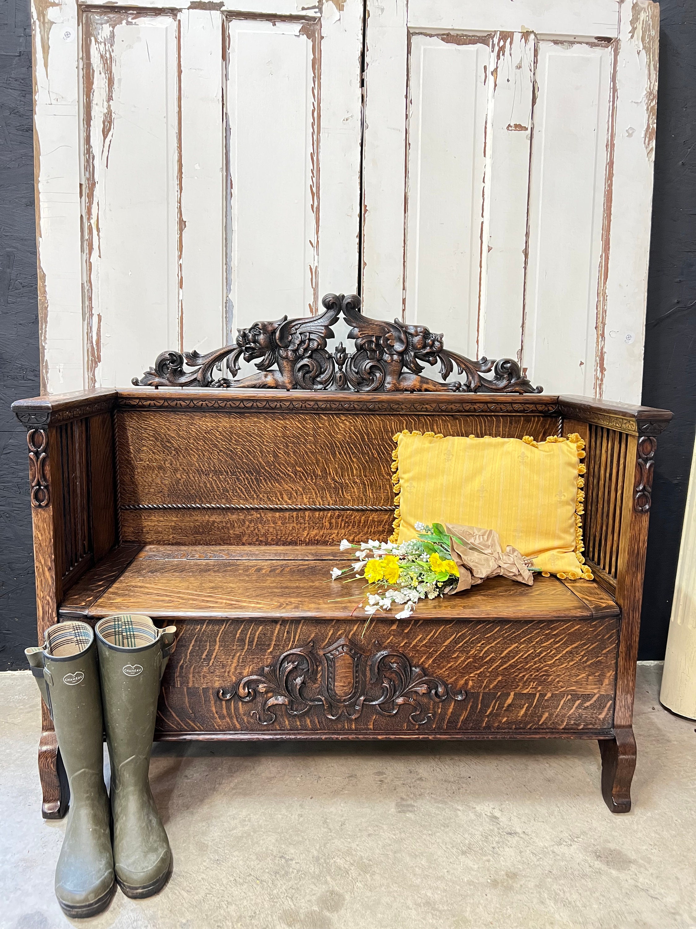 Antique Tiger Oak Monks Hall Bench & Chest - Etsy