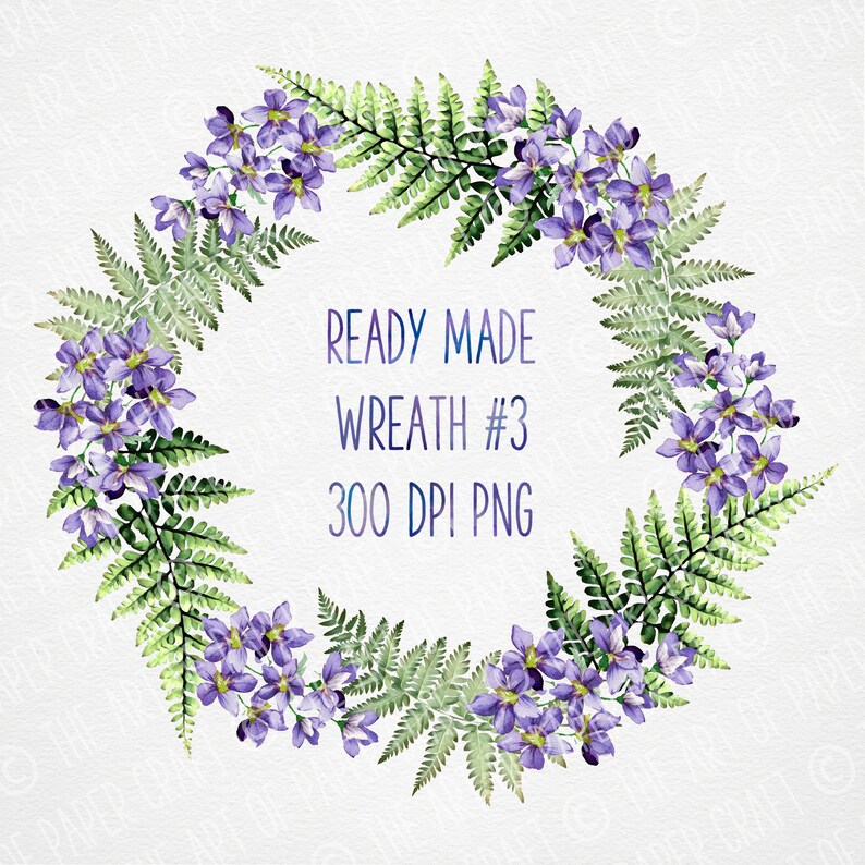 Wild Violets and Ferns Hand-painted Watercolour Clip Art With Wreaths ...
