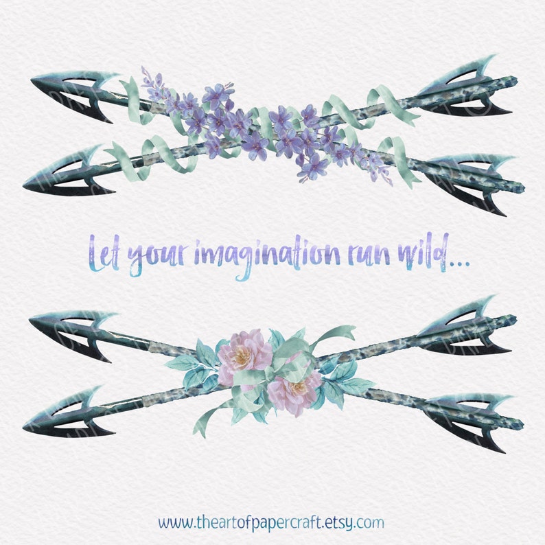 Boho Clip Art Hand-painted Watercolour Arrows With Flowers, Ribbons and ...