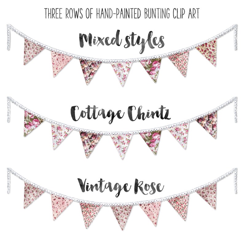 Watercolour Bunting Clip Art in Shabby Chic Fabrics With Whitewashed ...