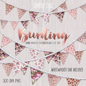 Watercolour Bunting Clip Art in Shabby Chic Fabrics With Whitewashed ...