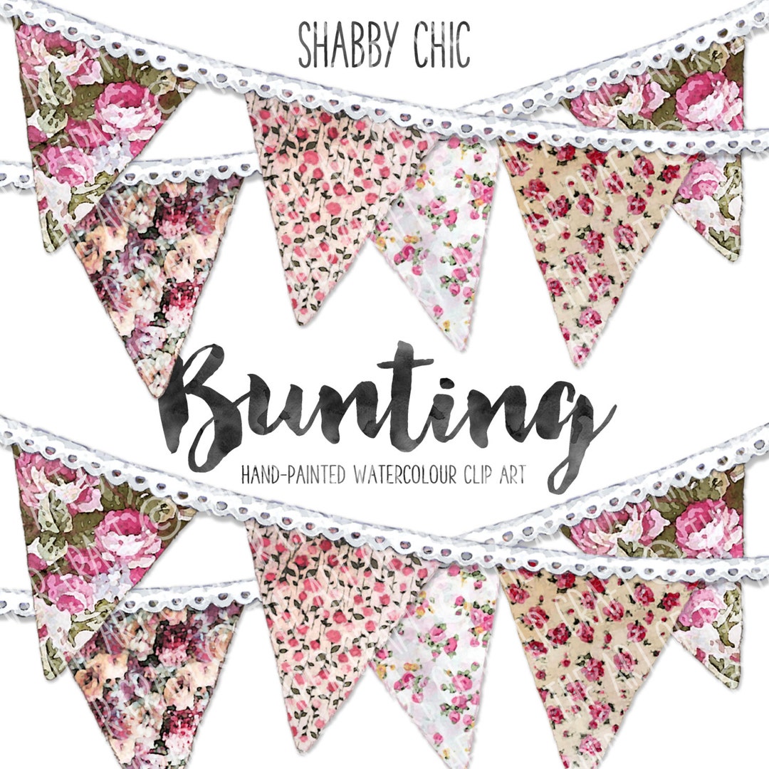 Watercolour Bunting Clip Art in Shabby Chic Fabrics With Whitewashed ...