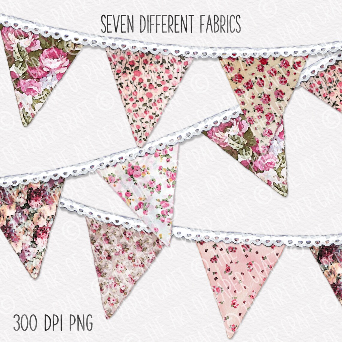 Watercolour Bunting Clip Art in Shabby Chic Fabrics With Whitewashed ...