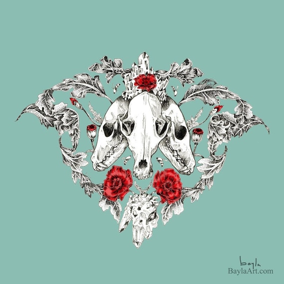 Fox Skull and Poppy Flower Fine Art Print - Etsy