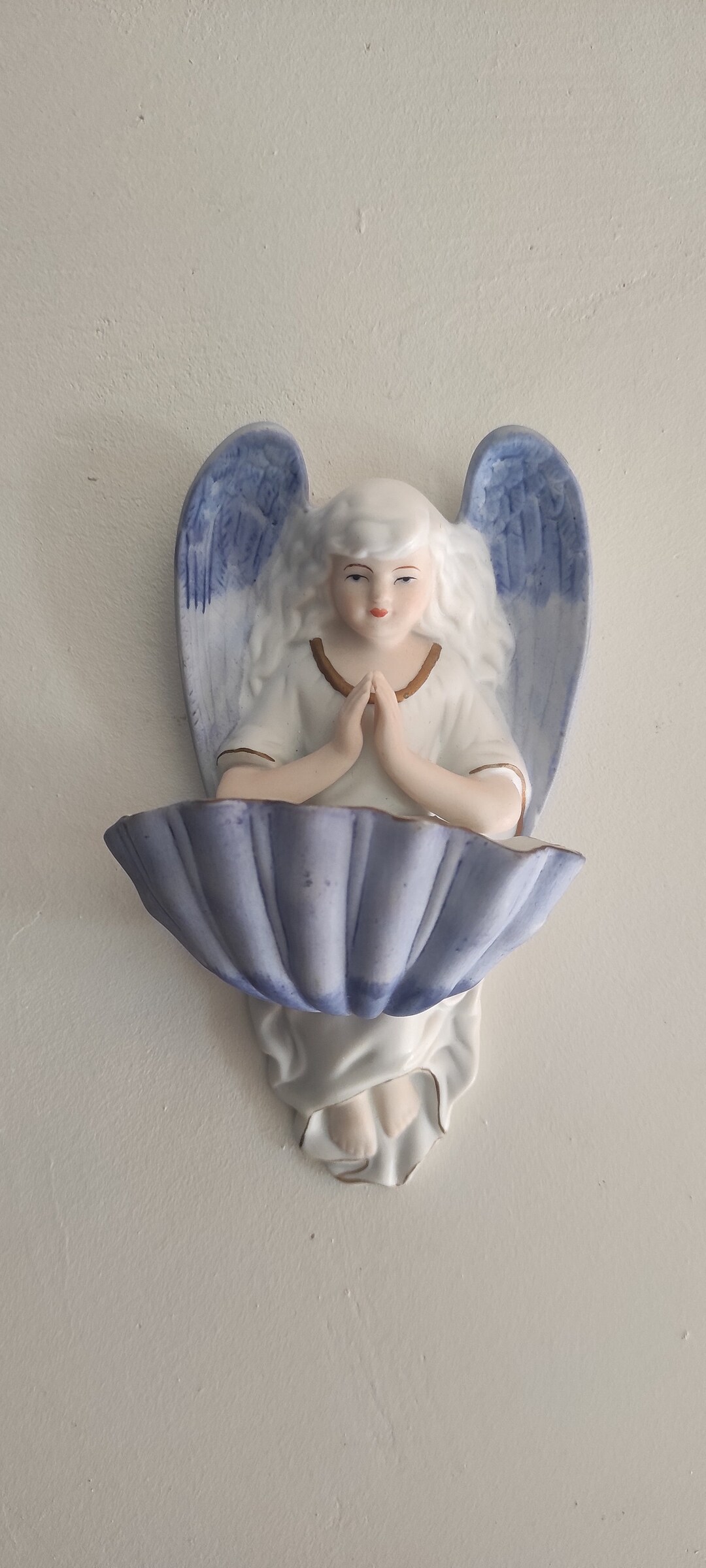 Small Vintage Holy Water Font Vessel Angel Praying Bisque Porcelain ...