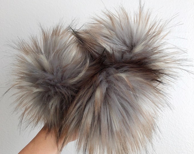 Fluffy Faux Fur Pom Pom: Dark Grey Beige Knit Crochet Hat Accessory - Etsy
