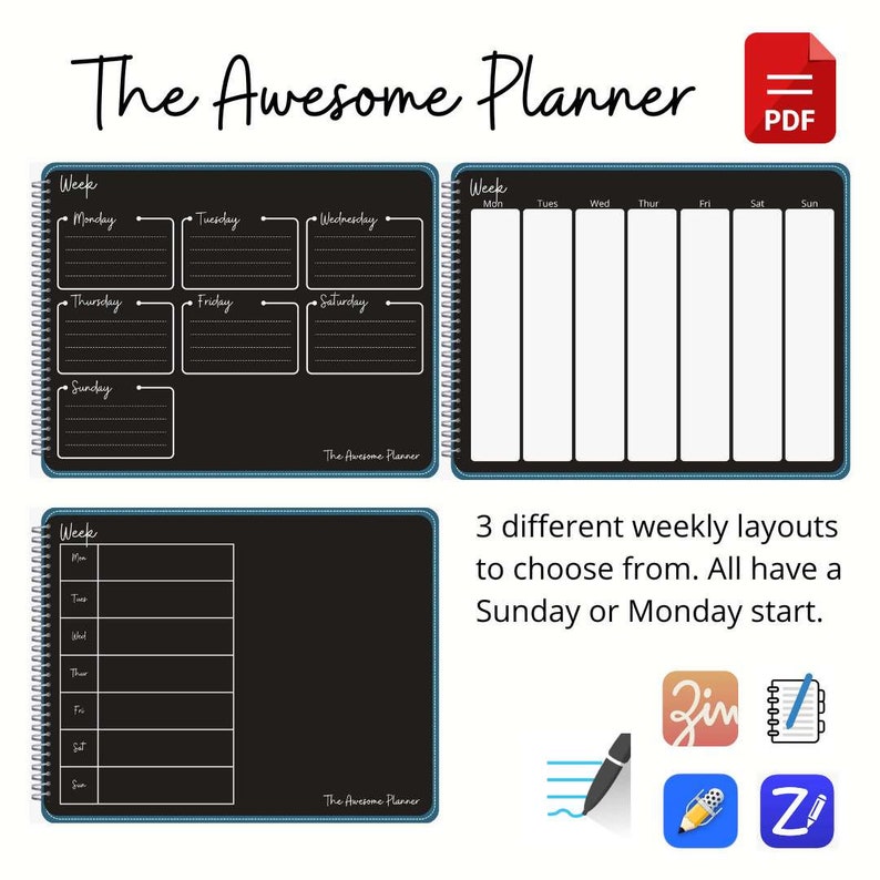 Digital Planner - Undated Dark Mode Awesome Planner - Teal - for ...