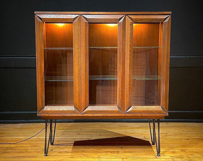 Mid Century Modern Walnut China Cabinet Illuminated Display Case ...