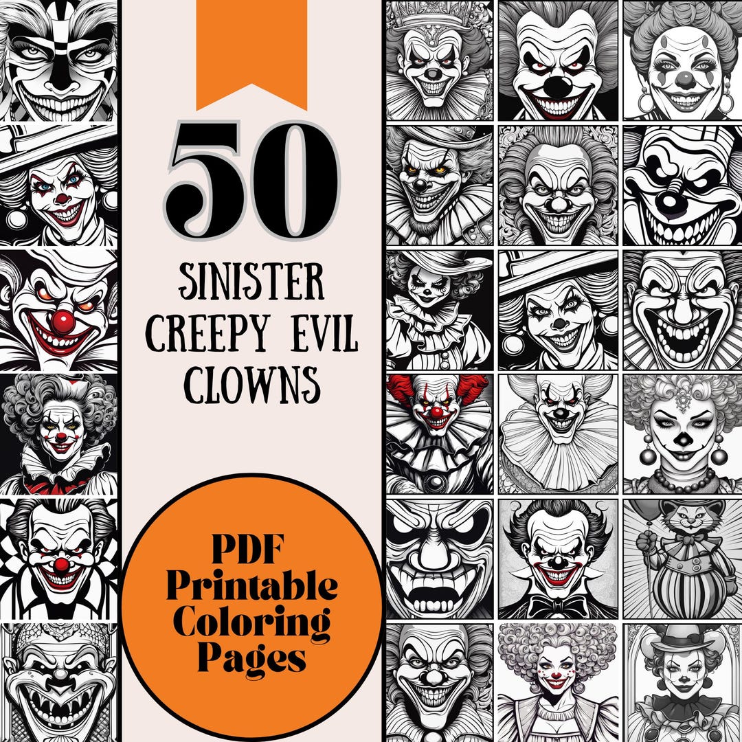 Creepy Clown Coloring Pages: Sinister Horror Art - 50 Page PDF (digital ...