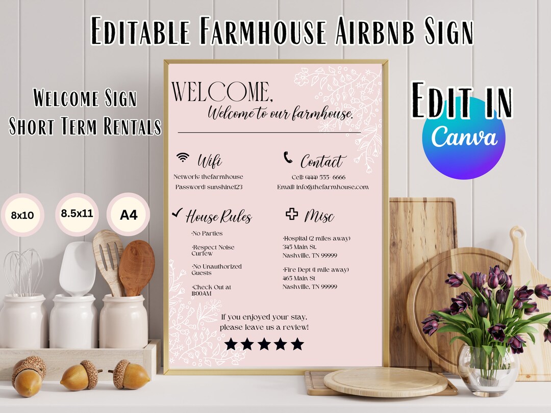 Editable Farmhouse Airbnb Welcome Sign, Wifi, House Rules (canva ...