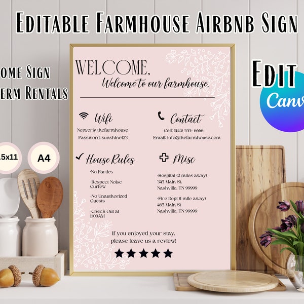 Welcome Sign Airbnb Editable, Farmhouse Style, Wifi and House Rules ...