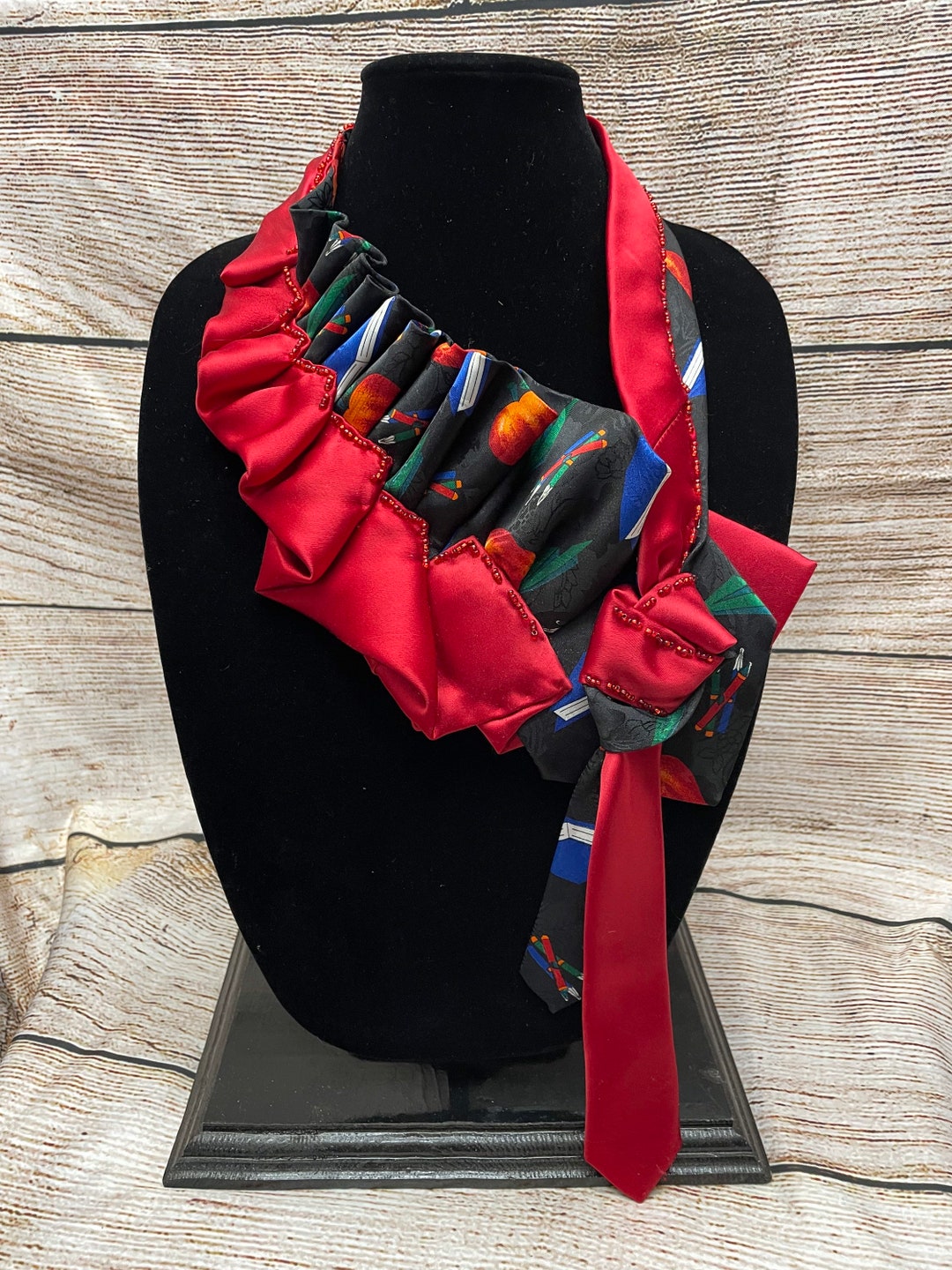 Women’s School Themed Silk Necktie Necklace ~ Statement Beaded Necklace ...