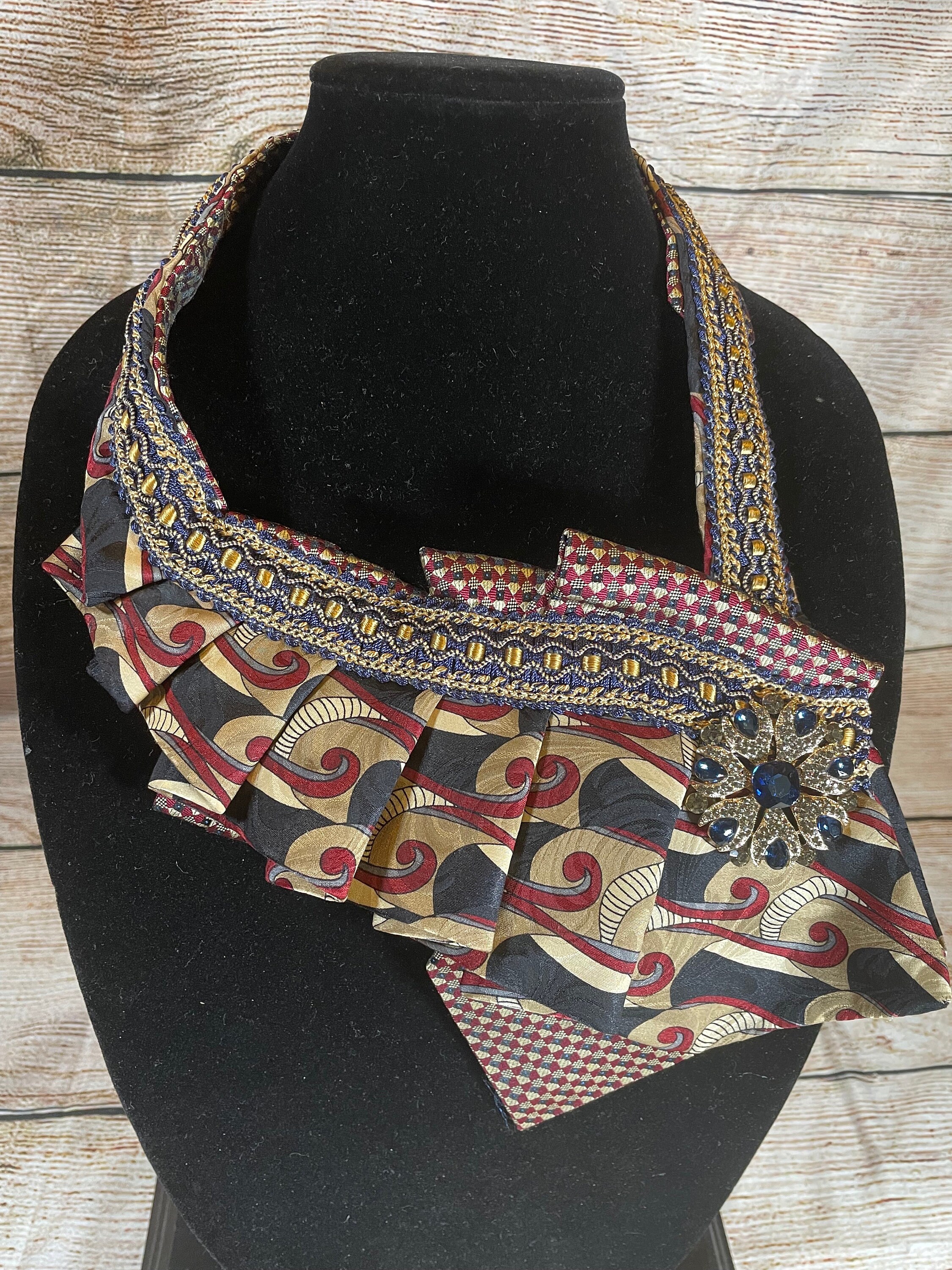 Black, Tan & Dark Red Silk Necktie Necklace Statement Necklace Unique ...