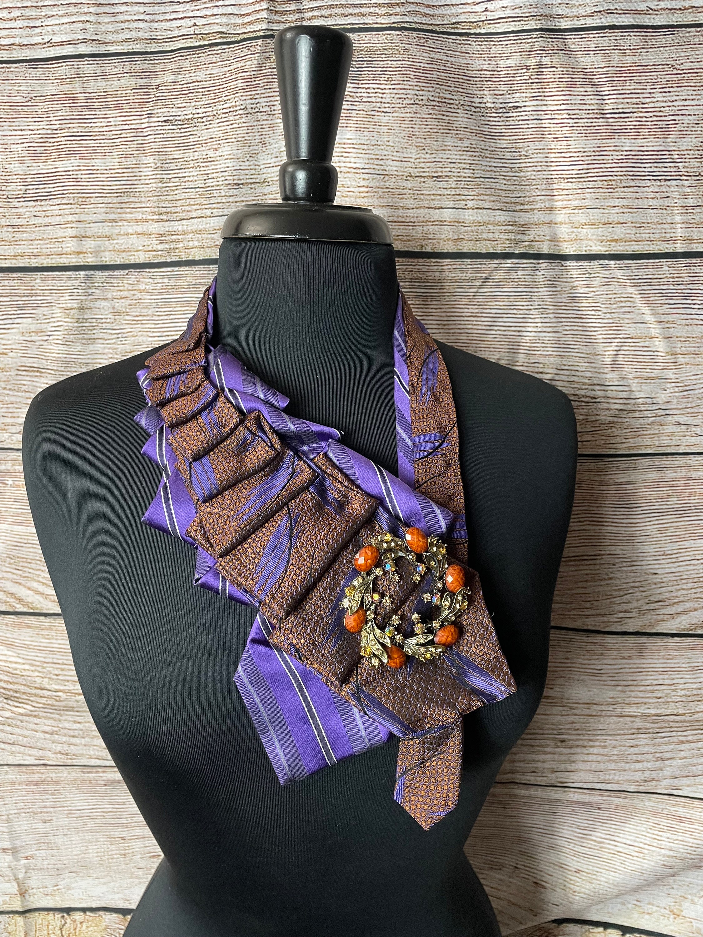 Purple & Brown Silk Necktie Necklace Vintage Jeweled Brooch - Etsy
