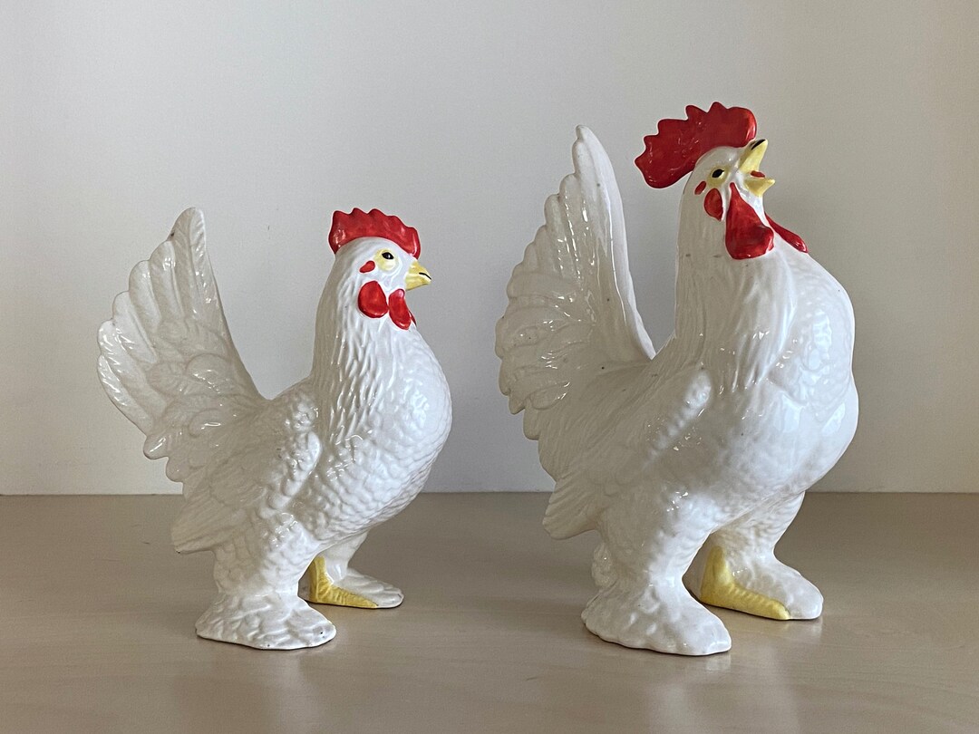 Vintage Hen and Rooster Pair White Ceramic - Etsy