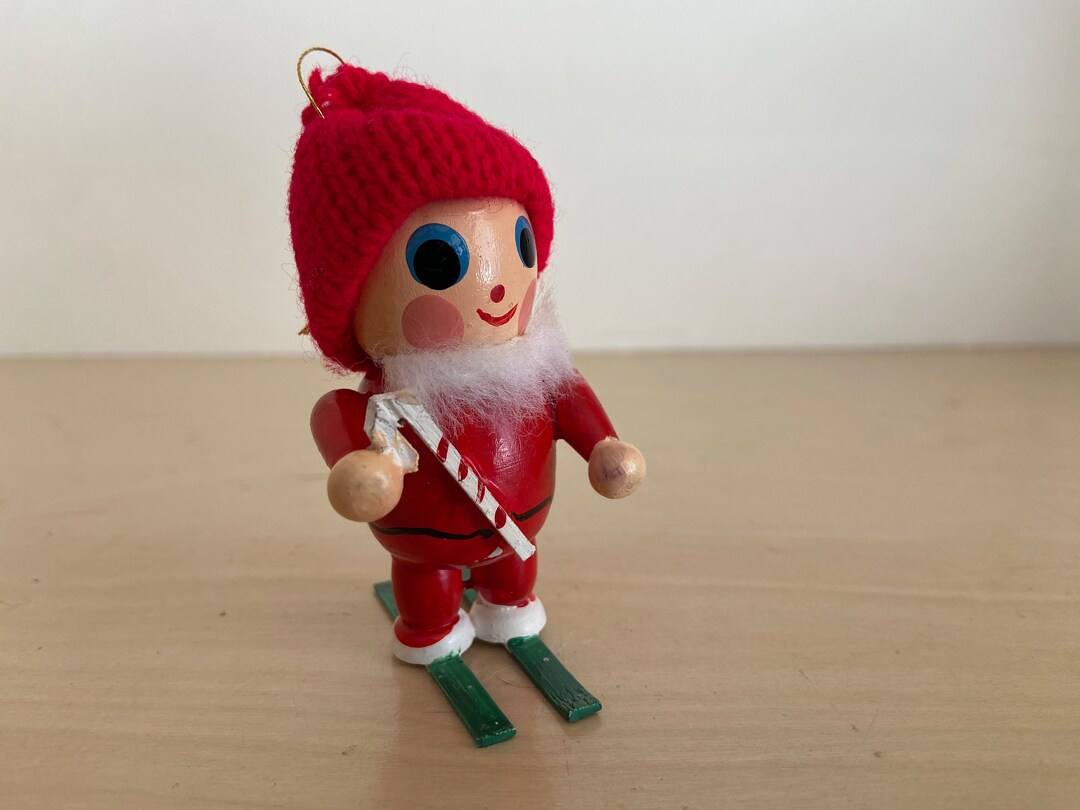 Vintage 1980s Wooden Santa Elf Skier Christmas Ornament | Skiing - Etsy