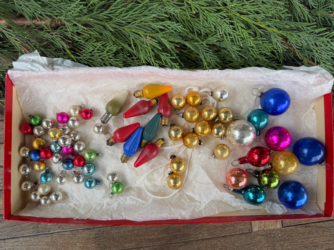 Assorted Groups of Vintage Feather Tree Shiny Brite Blown Glass Christmas Ornaments and Vintage ...
