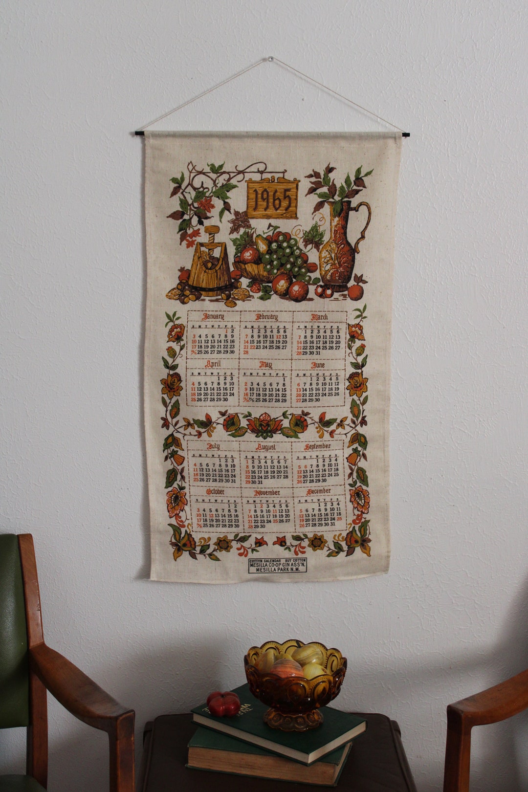 Vintage Wall Decor - Hanging Cloth Calendar - 1965 Ft. Florals, Fruits ...