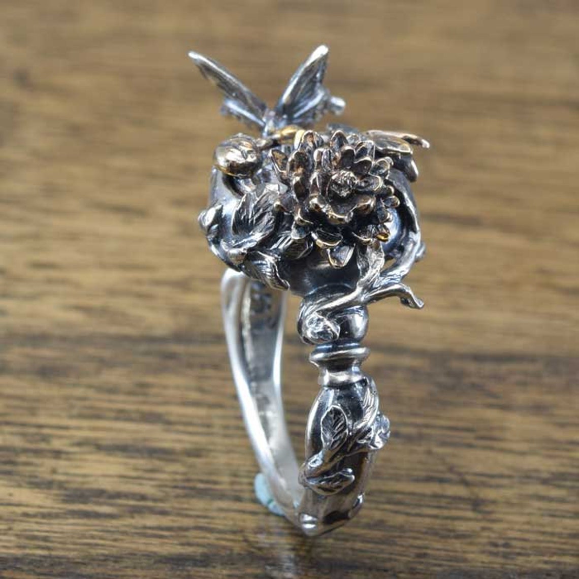 Flower and Butterfly Ring,morning and Night Dew,delicate Hand Carving ...