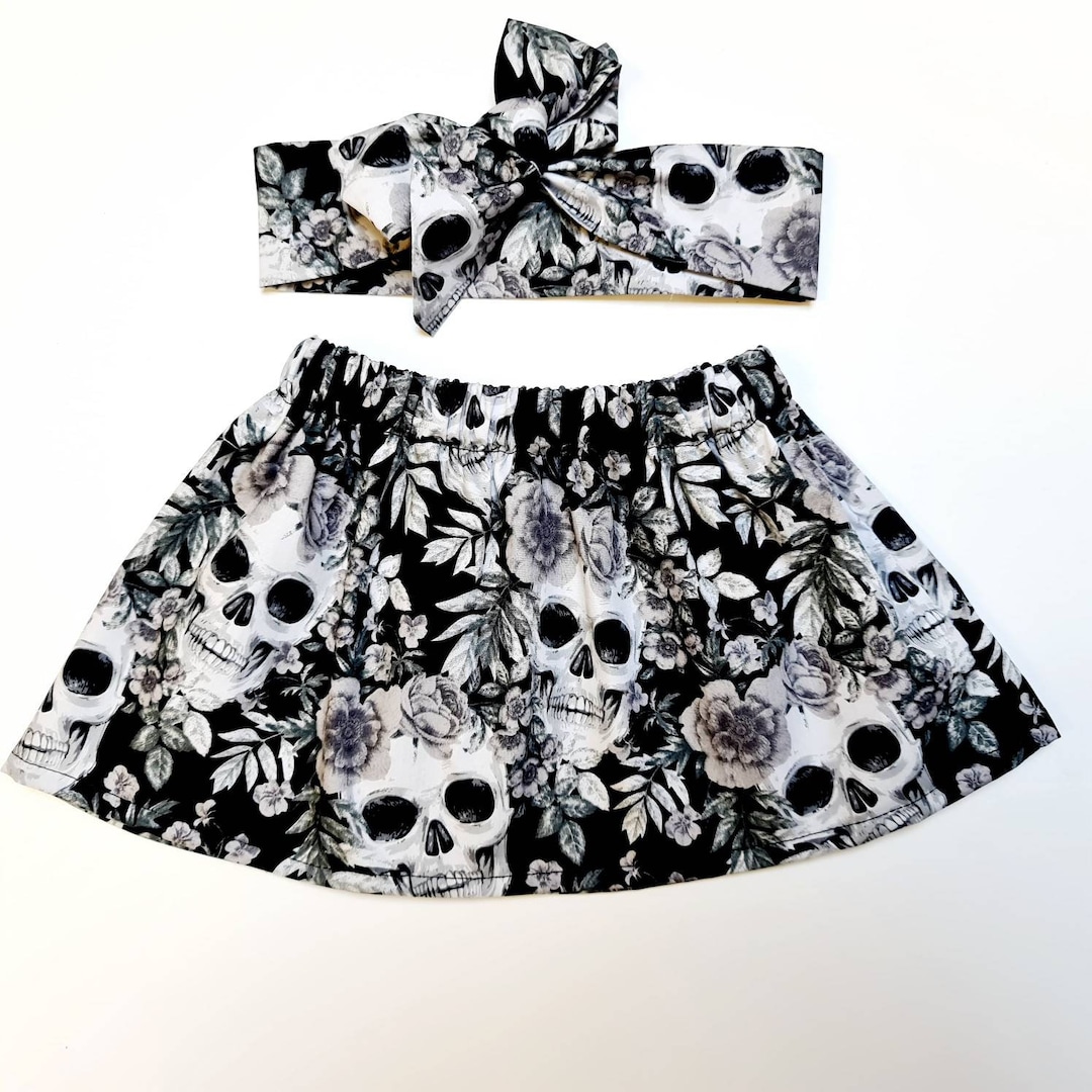 Black Skulls Skirt and Headwrap Cute Baby Set Skull Print Baby Girls ...