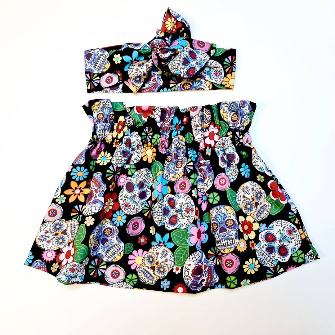 Black Skull High Waisted Skirt and Headwrap Cute Baby Set Black Skull ...