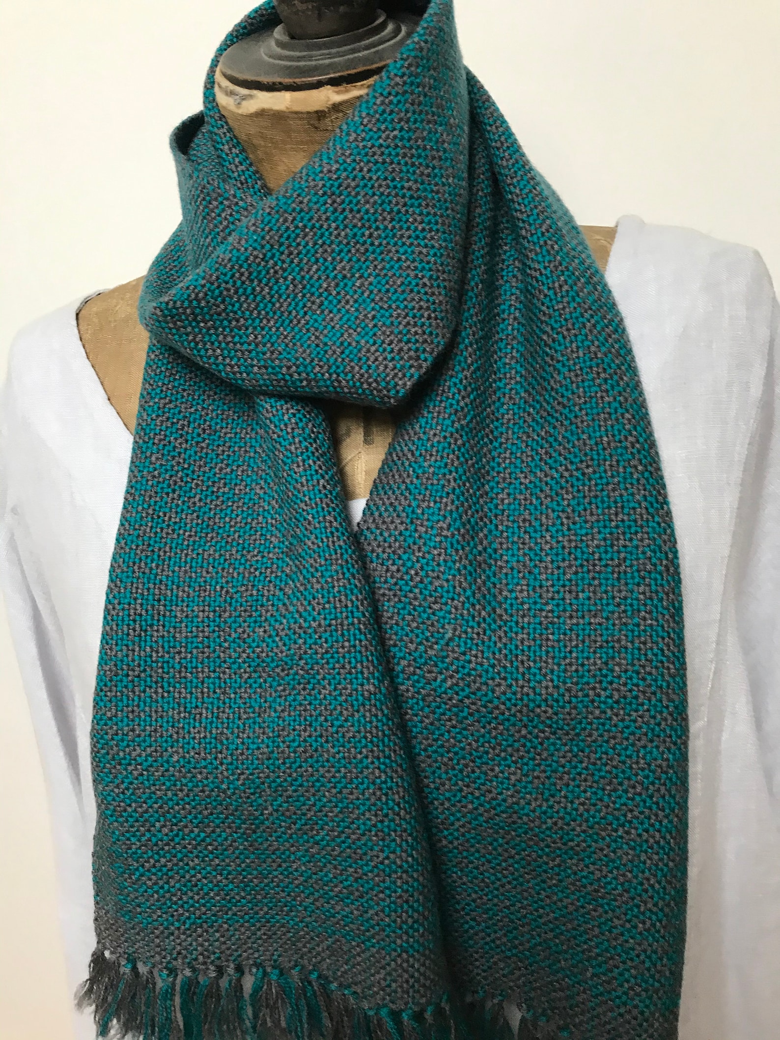 100% Luxurious Pure Merino Wool Handwoven Scarf in Teal and Charcoal ...
