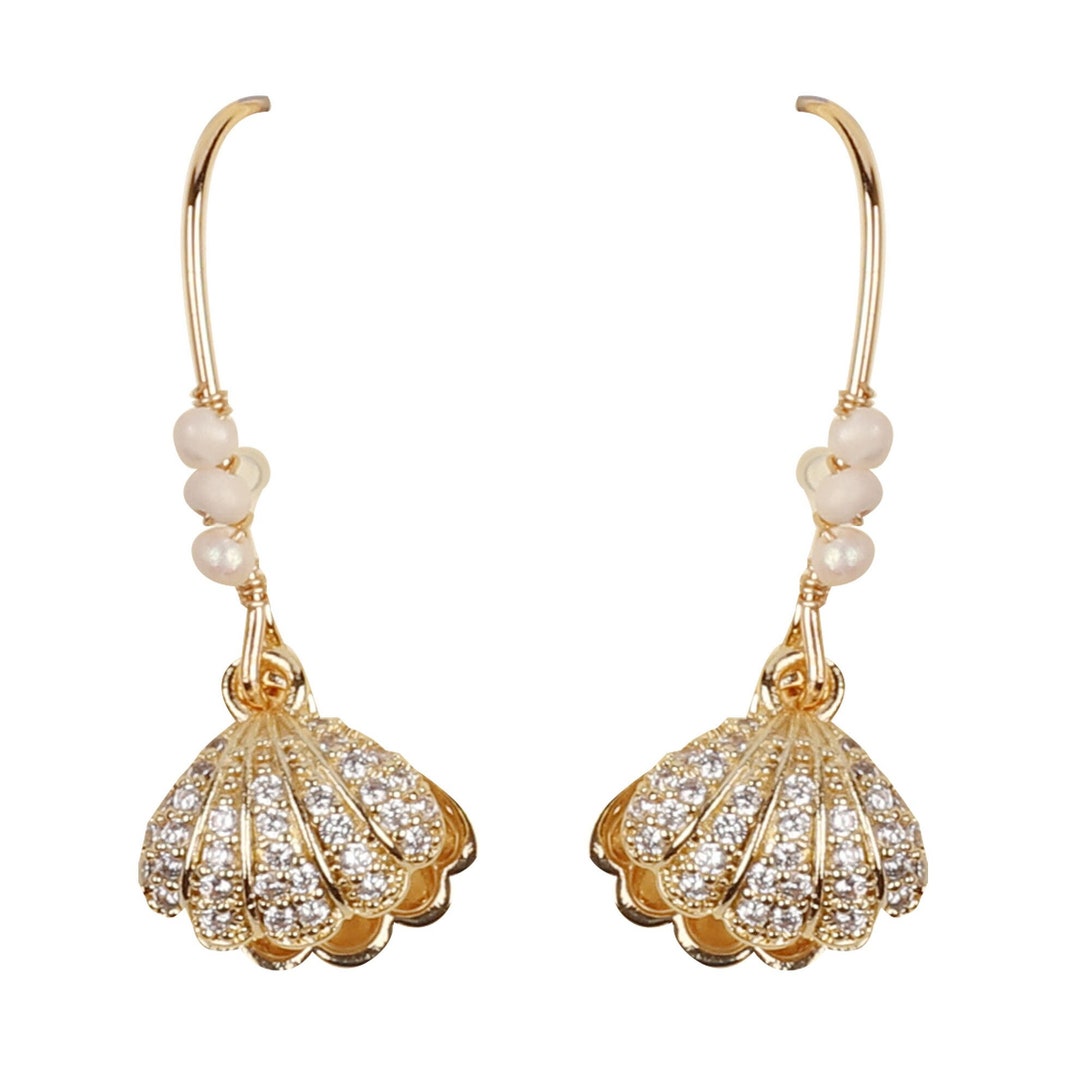 White Crystal Clam Seashell W/ Freshwater Pearl Charm Dangling Gold ...