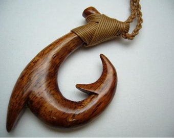 Koa Wood Hand Carved Maui Fish Hook manaiakani Makua Knotted | Etsy