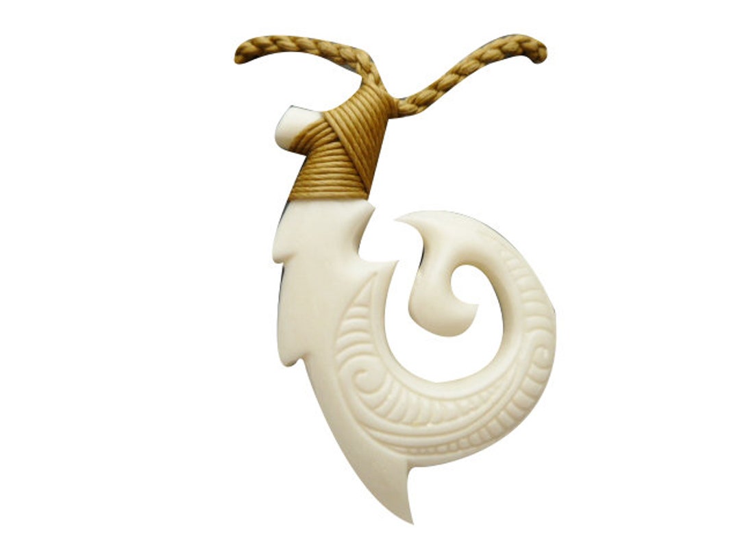Hand Carved White Buffalo Bone Maui Fish Hook Wave Tail Makau ...