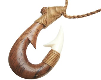 Buffalo Bone Koa Wood Fusion Hand Carved Engraved Maui Fish Hook Makua ...