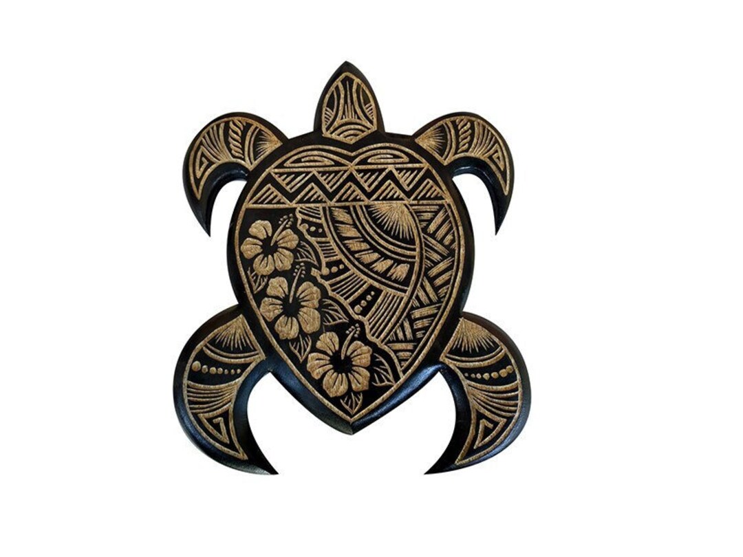 Black Wooden Traditional Tribal "honu" Sea Turtle Tattoo 3 Hibiscus ...