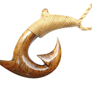 Koa Wood Hand Carved Maui Fish Hook Manaiakani Makua Knotted W ...