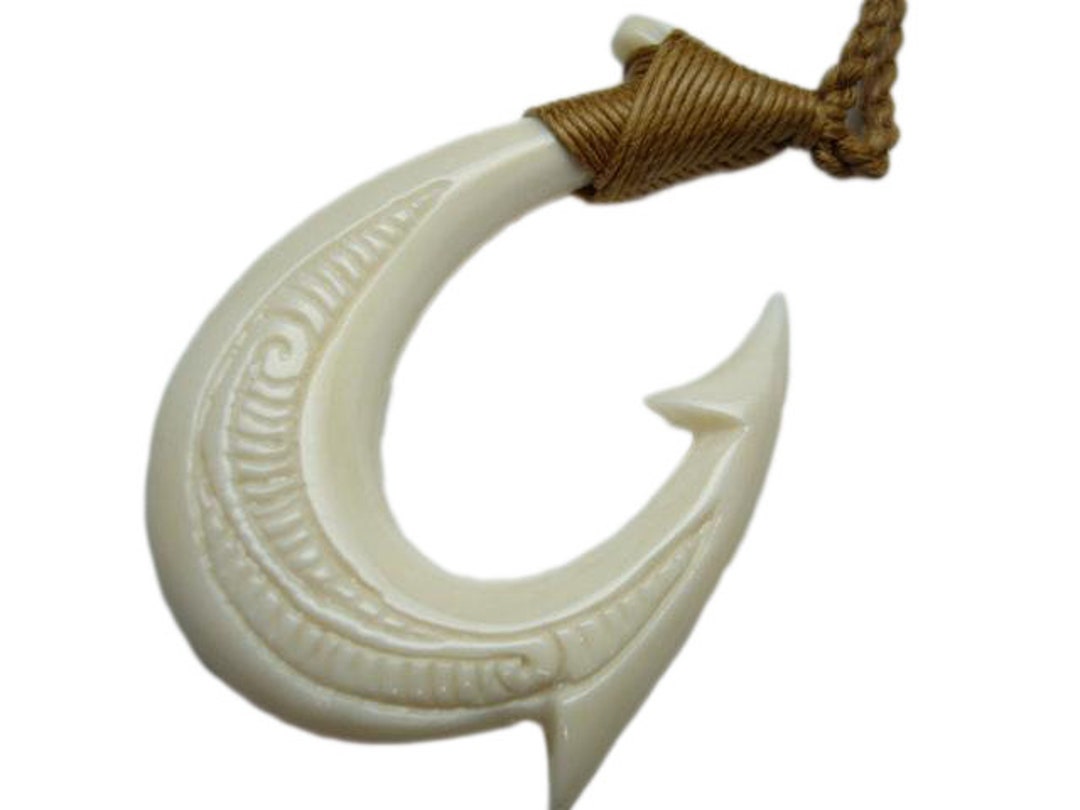 Buffalo Bone Hand Carved Maui Fish Hook Dragon Makau Braided W ...