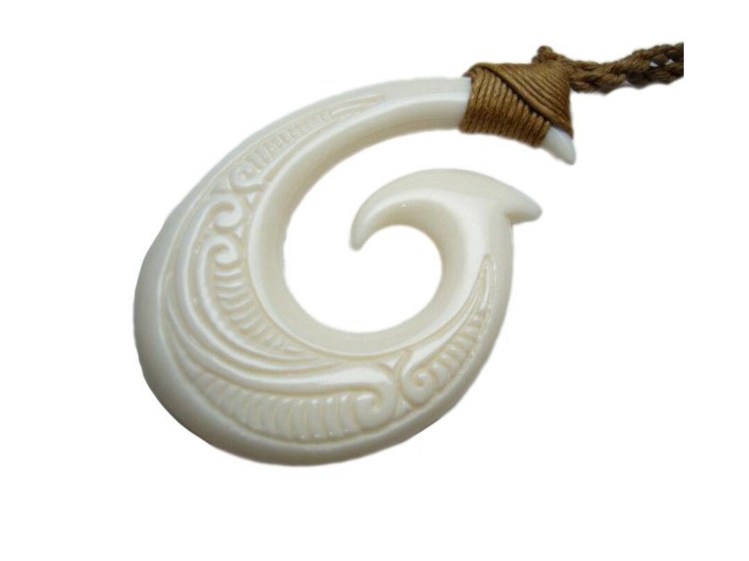 Buffalo Bone Hand Carved Maui Fish Hook Dragon Makau Braided W ...