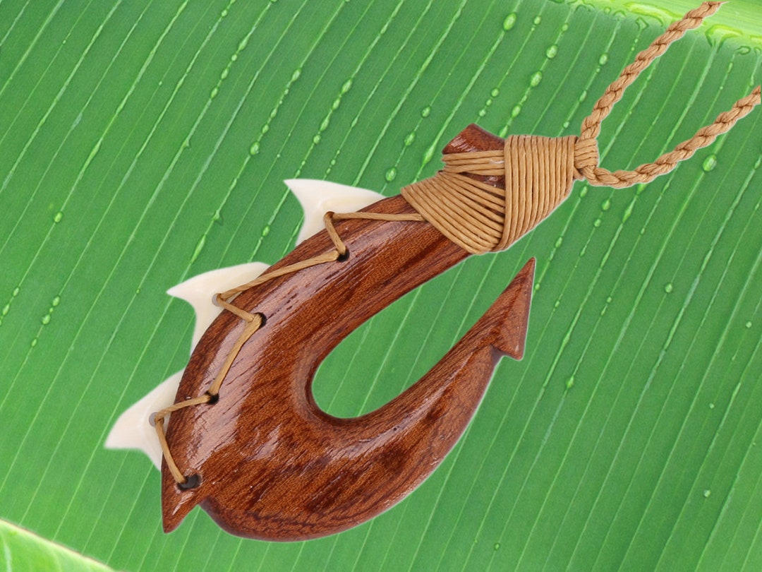 Hand Carved Koa Wood Threaded Shark Teeth Maui Fish Hook Manaiakani ...
