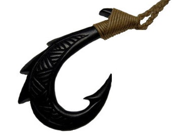 Buffalo Bone Hand Carved Maui Fish Hook Knotted W/ Adjustable Black ...