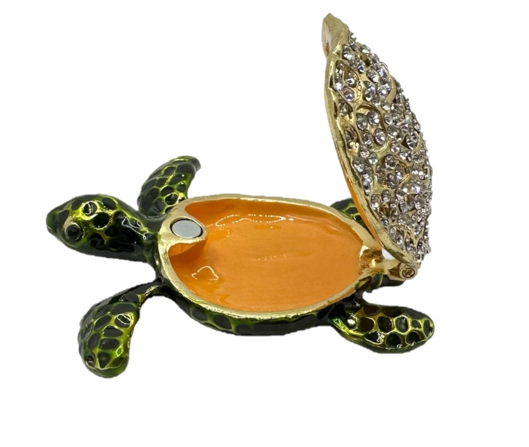 2.5" Sea Turtle Trinket Box White Stone Embedded Crystal Jewelry Holder ...