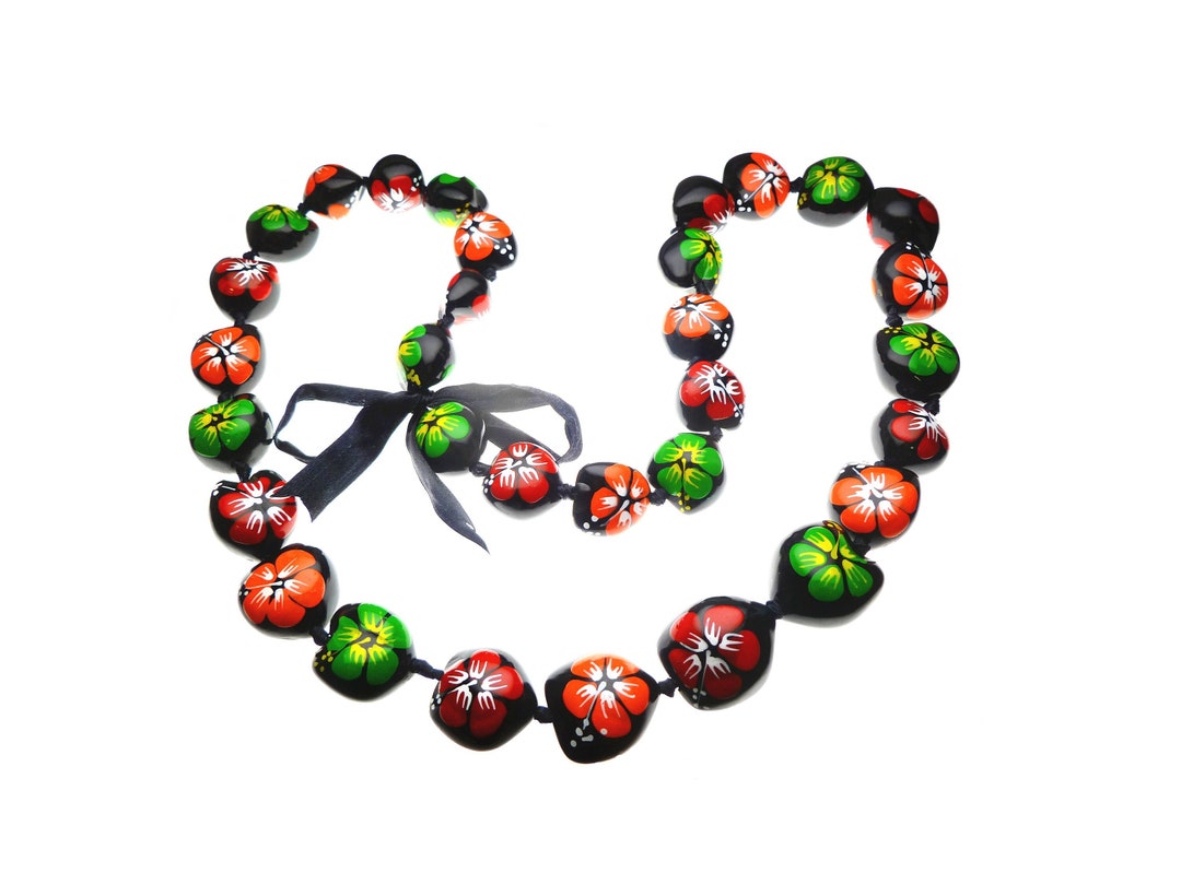 Genuine Polished Black Hawaii Kukui Nut Hand Painted Orange Red Green ...