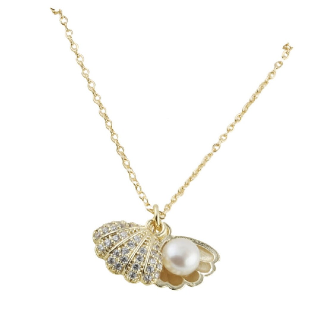 White Crystal Clam Seashell W/ Freshwater Pearl Charm Pendant Jewelry ...