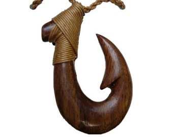 Koa Wood Hand Carved Maui Fish Hook manaiakani Makua Knotted W ...