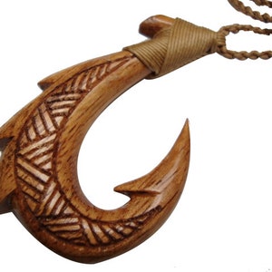 Koa Wood Hand Carved Maui Fish Hook Makau Knotted W/ Adjustable Hemp ...