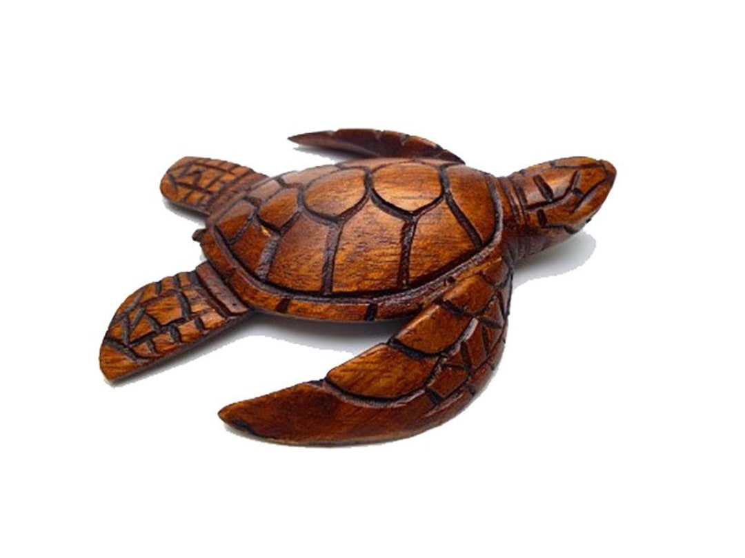 Hand Carved Solid Wood Sea Turtle Sculpture Figurine Tropical Ocean ...