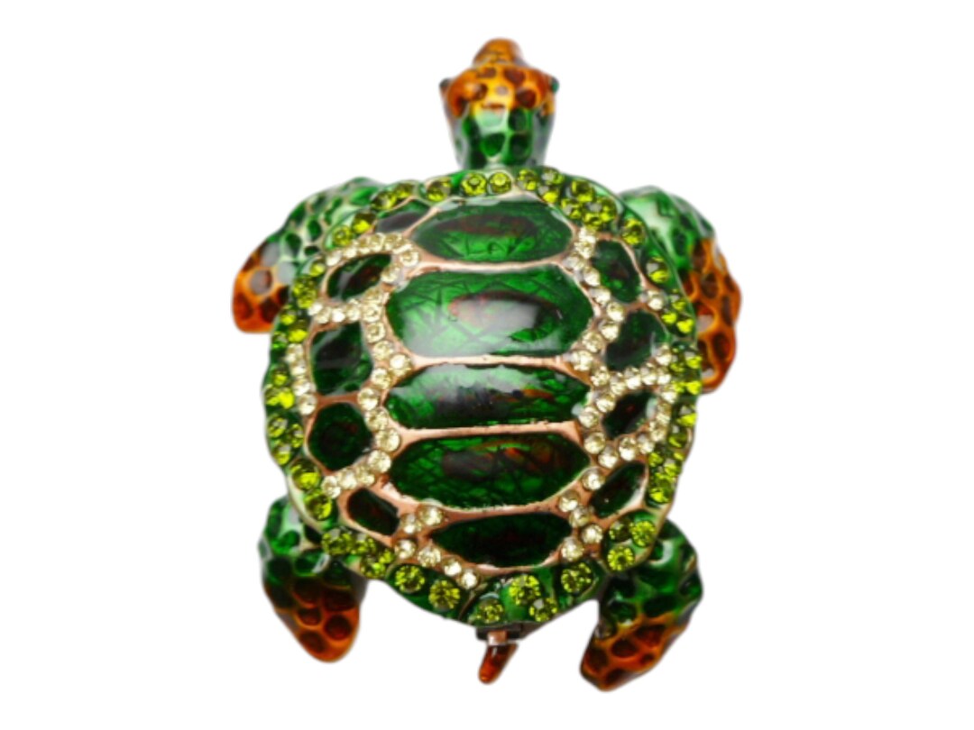 Sea Turtle Figurine Trinket Box Green Stone Embedded Crystal Jewelry ...
