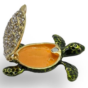 2.5" Sea Turtle Trinket Box White Stone Embedded Crystal Jewelry Holder ...
