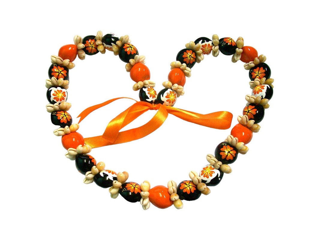 Genuine Black Hand Painted Orange Kukui Nut Monita/cowry Shell Hibiscus ...