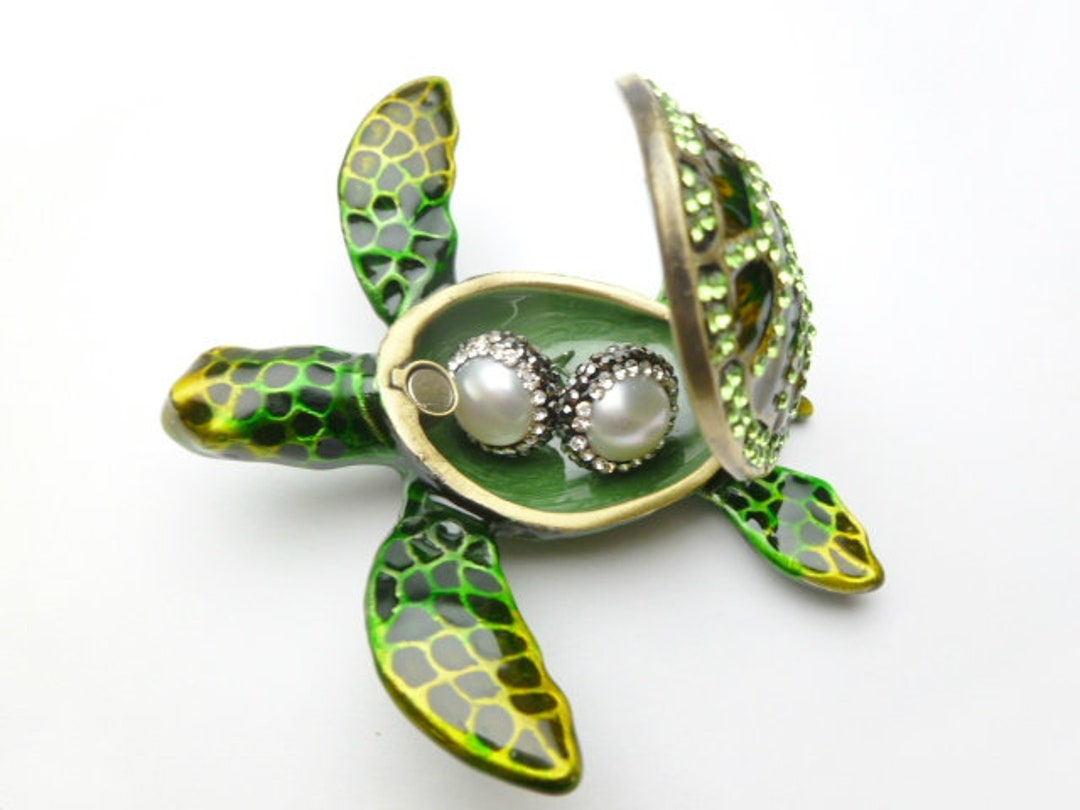 3 Green Sea Turtle Trinket Box in Green Stone Embedded Crystal Jewelry ...