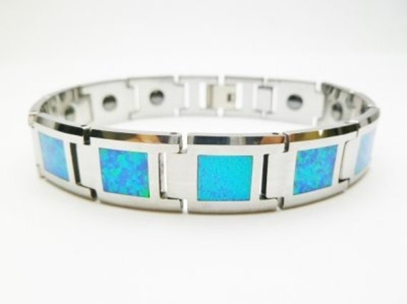 Unisex Natural Synthetic Blue Opal Inlay Tungsten Fashion | Etsy